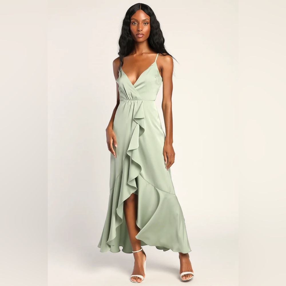 Enchanted Moments Sage Green Satin Ruffled High-Low D… - Gem